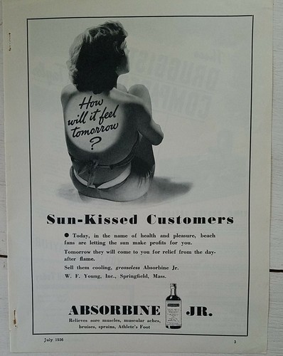 1936 Absorbine Jr. Relieves sunburn pain sun-kissed customers over ...