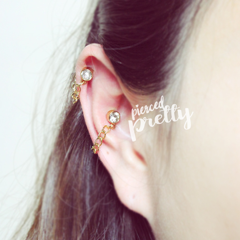 CZ stud chain earring, conch hoop, chain hoop, helix hoop, 20g ...