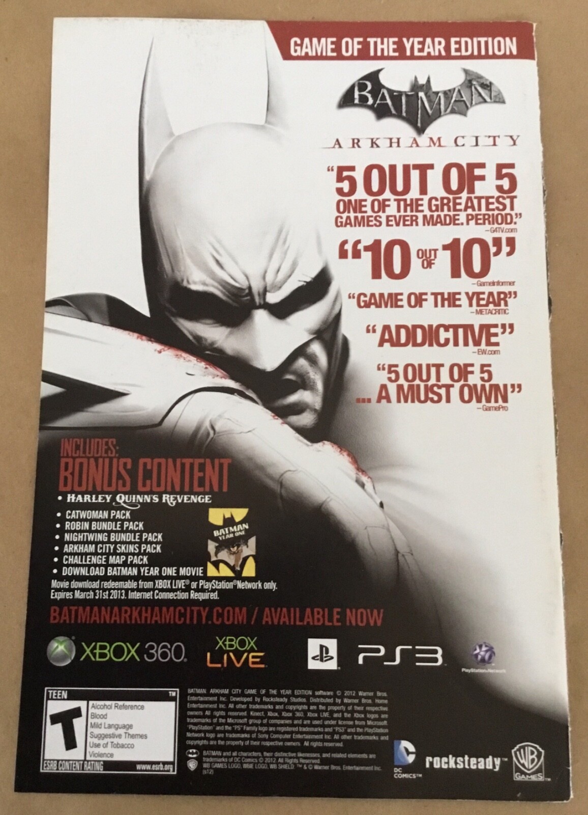 Batman Arkham City 2012 Print Ad art video game promo gaming PS3 XBox ...