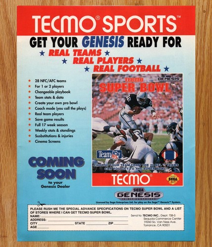 Tecmo Super Bowl Sports SEGA Genesis Video Game Print Ads Poster Promo ...