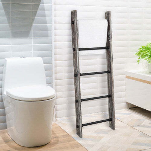 4 Ft Rustic Torched Wood & Black Metal Industrial Pipe Towel Ladder ...