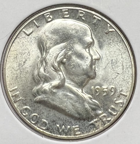 1959 FRANKLIN SILVER HALF DOLLAR GRADES UNCIRCULATED+ TONED ACTUAL COIN ...