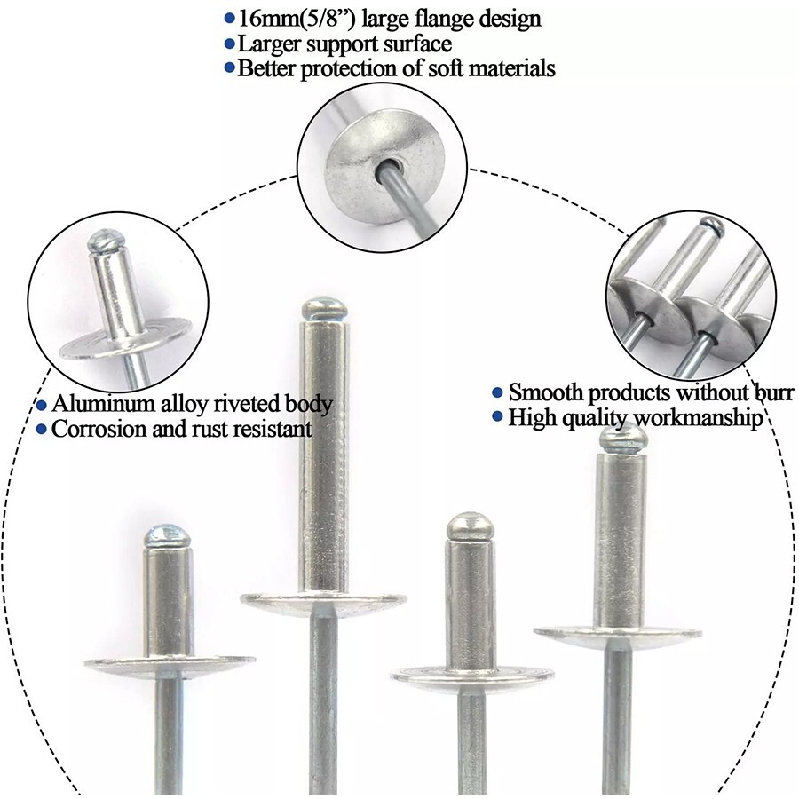 100pc LARGE FLANGE ALUMINUM POP RIVETS - 6-12LF 3/16" X 3/4" BIG HEAD ...