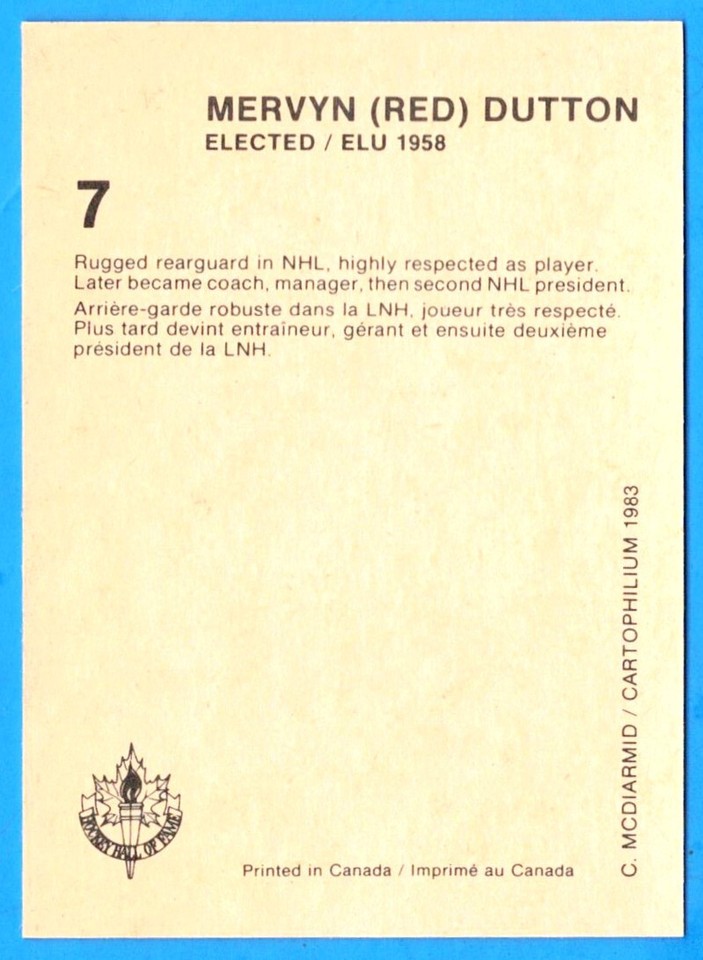 Red Dutton 1985 Cartophilium Hockey Hall of Fame #7 (ex-mt) NY ...