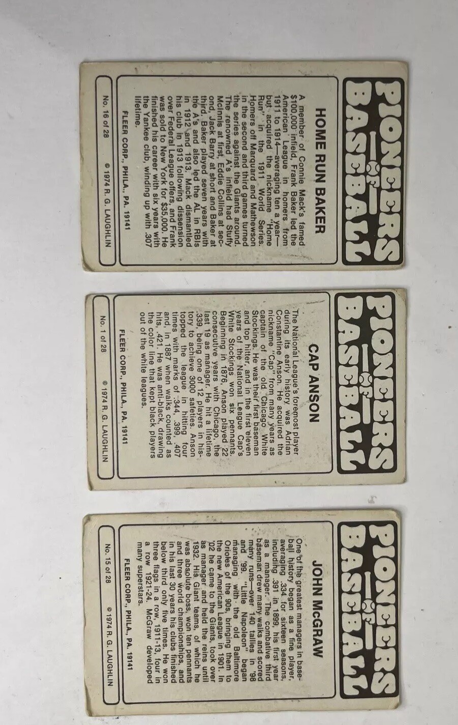 Pioneers Of Baseball 1974 Fleer Baseball Cards Lot Of 5 Cap Anson John ...