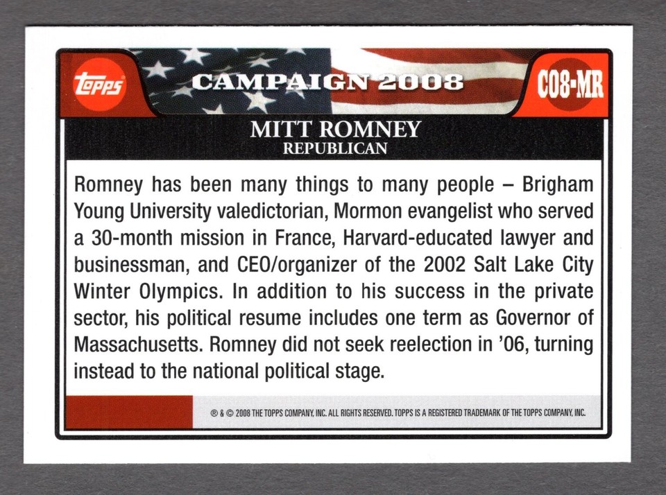 2008 TOPPS MITT ROMNEY PRESIDENT CAMPAIGN INSERT CARD #C08-MR **NM-MT ...