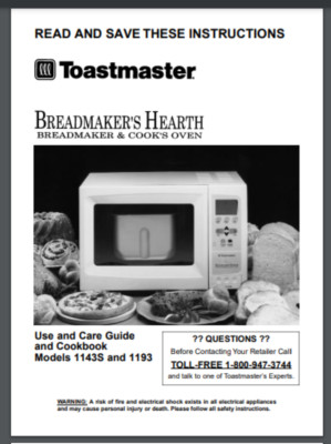 Toastmaster 1143S & 1193 Bread Maker owner & Recipe Manual (Only!) 60 ...