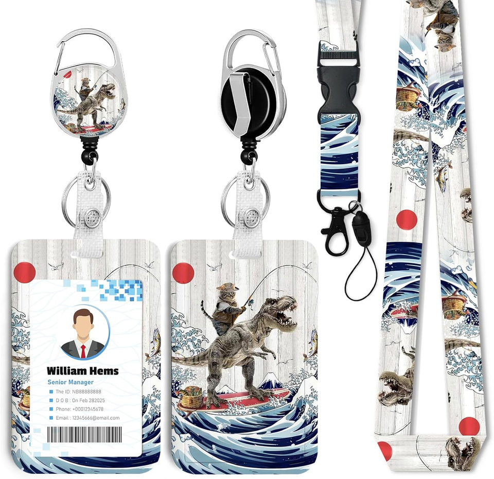 Funny Surfing Cat Riding a Dinosaur ID Badge Holder with Breakaway ...
