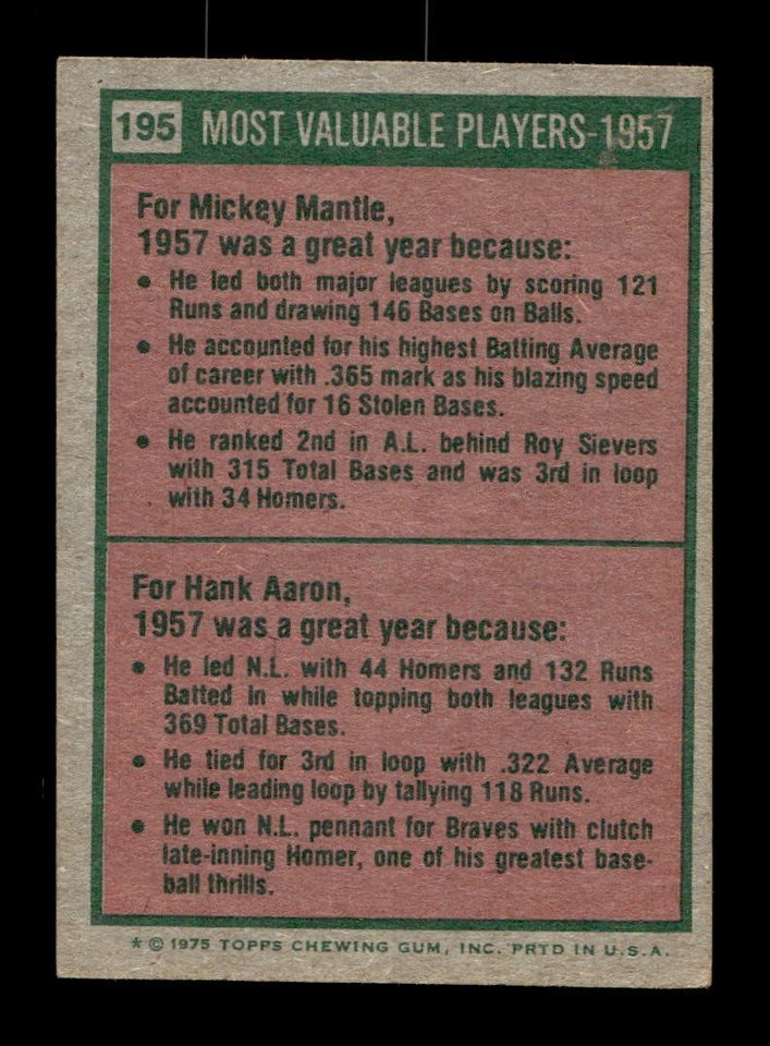 1975 Topps MINI #195 Mantle / Aaron 1957 MVPs VG-EX+ *2a | eBay