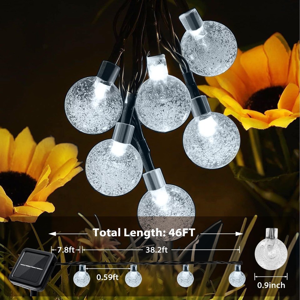 Outdoor Solar String Lights, 2x46FT 66LED 8Modes Crystal Solar Powered ...