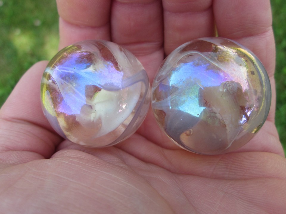 2 BOULDERS 35mm PINK FAIRY Marbles glass ball jellyfish iridescent ...
