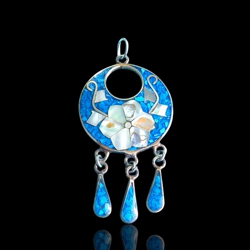 VTG Alpaca Mexico Crushed Turquoise & Mother Of Pearl Inlay Pendant | eBay
