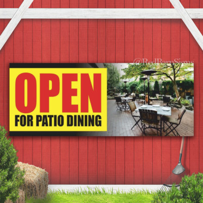 OPEN FOR PATIO DINING Cafe Outdoor Seating welcome Banner sign with ...