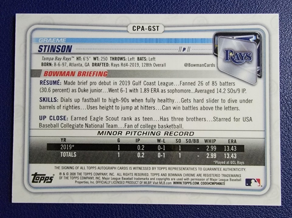 Graeme Stinson 2020 Bowman Chrome Prospect Autographs Baseball Card # ...