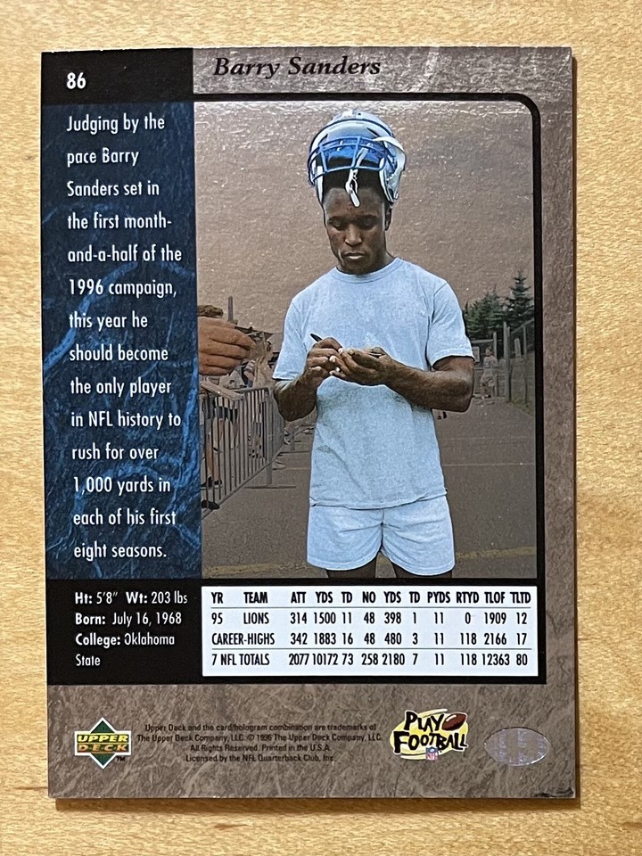 Barry Sanders 1996 Upper Deck SP Football #86 Detroit Lions NM | eBay