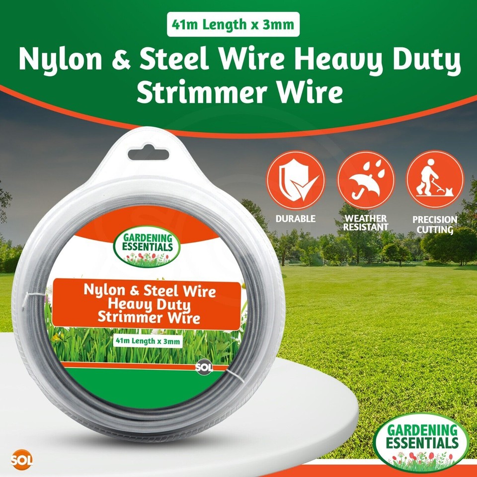 41M Heavy Duty Steel Strimmer Trimmer Line Cord 3mm Nylon Metal Wire ...