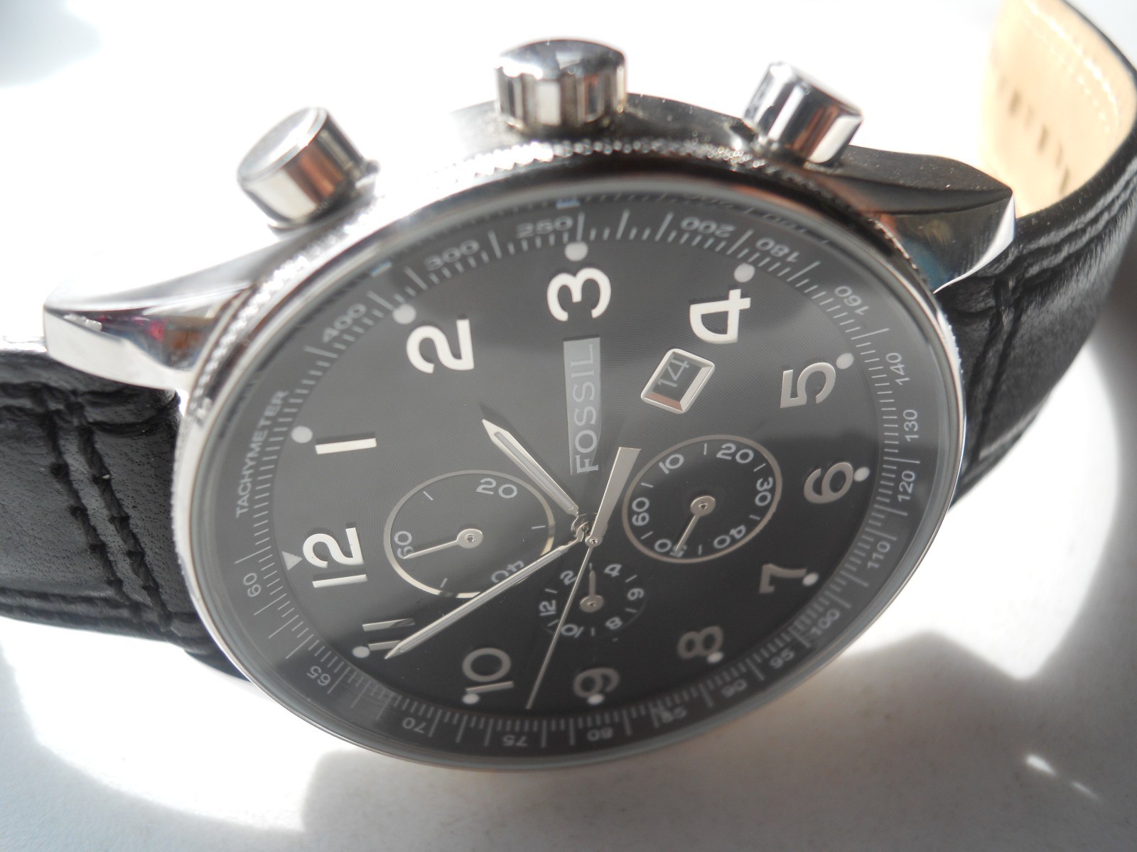 Fossil chronograph men's blk leather band.quartz Analog & battery watch ...