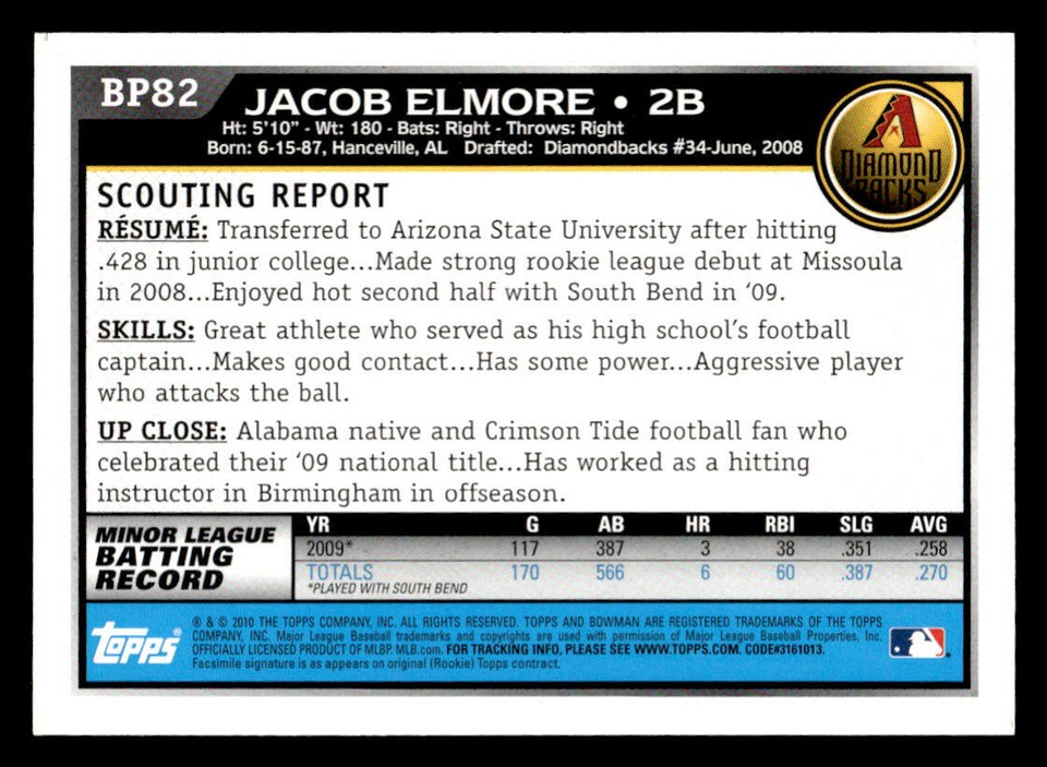Jacob Elmore signed auto 2010 Bowman #BP82 Arizona Diamondbacks | eBay