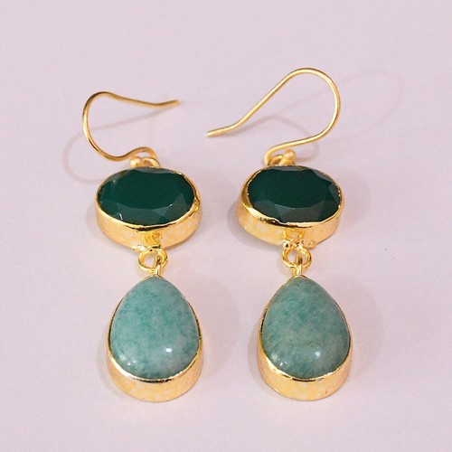 Natural Green Onyx And Amazonite Gemstone Bezel Set Dangle Brass Earrings | eBay