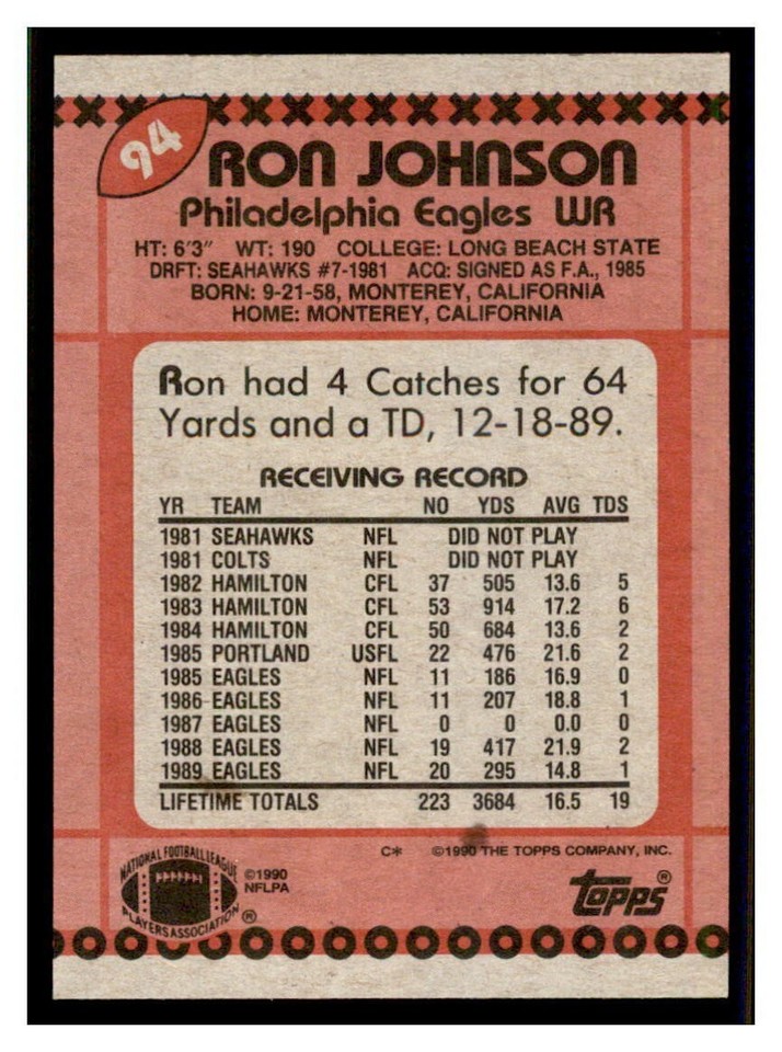 1990 TOPPS NFL Football Trading Card #94 🏈 RON JOHNSON, Philadelphia ...