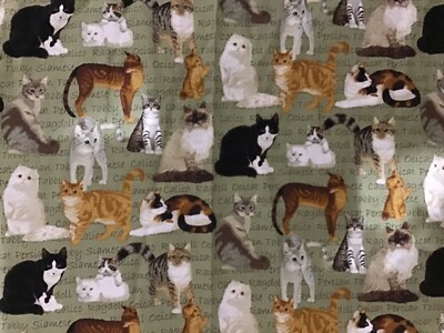Cats & Kittens on Green Cotton Fabric 1 Yard 15" Patty Reed dated 2009 ...