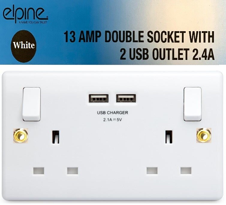 Double Wall Plug Socket 2 Gang 13A with 2 USB Ports W/2 Screws Slim ...