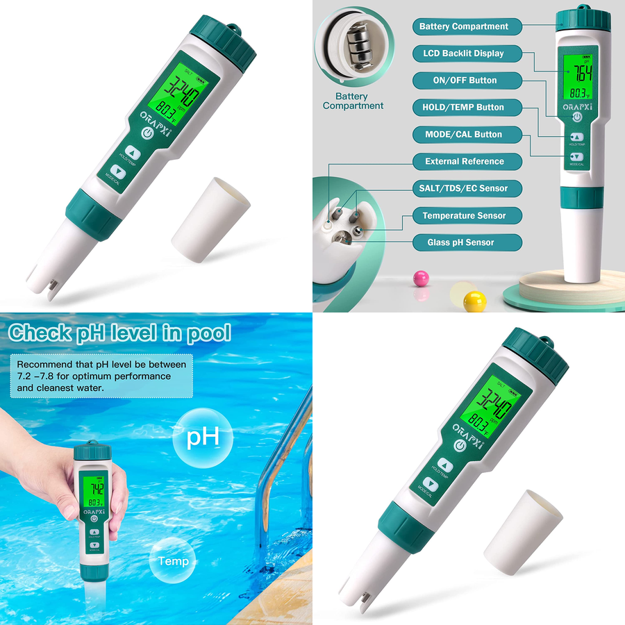 5 in 1 Digital Pool Salt Meter Water Tester pH Salinity Saltwater Pond ...