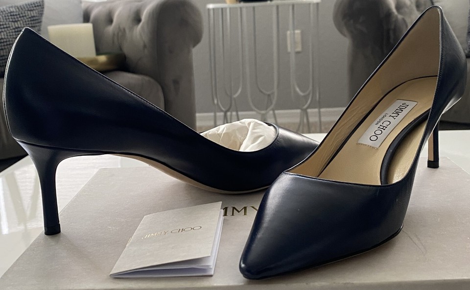 JIMMY CHOO WOMENS NAVY ROMY 60|40 KID LEATHER POINTED TOE PUMP SIZE 40 ...