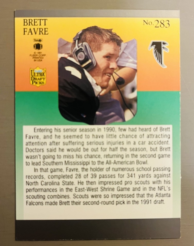 BRETT FAVRE 1991 Fleer Ultra Rookie #283 Draft Picks Falcons Packers ...