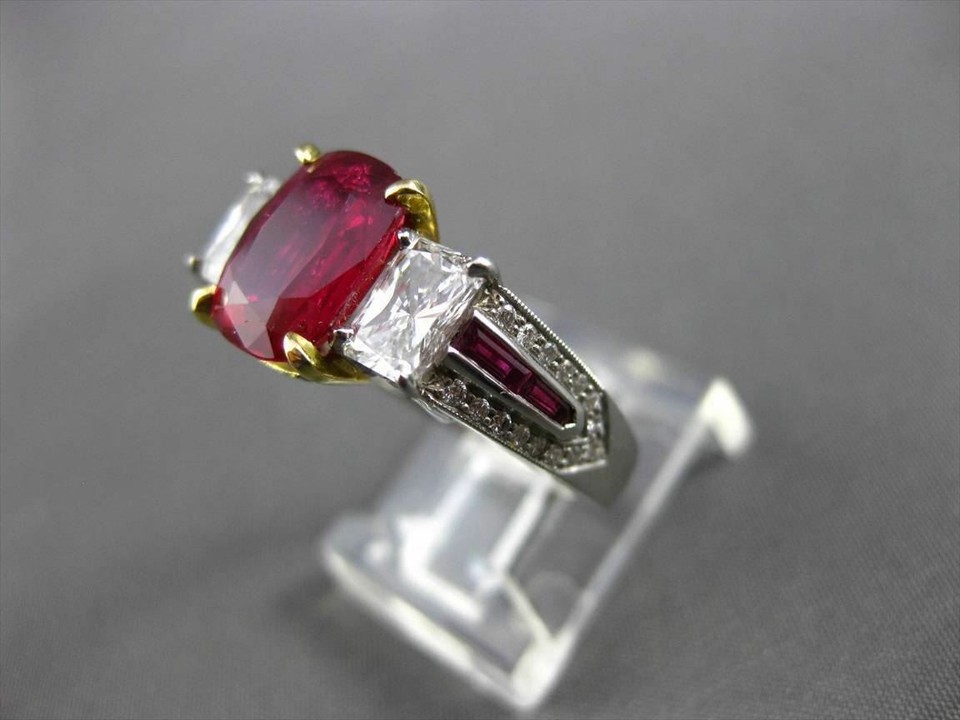 ANTIQUE PLATINUM & 18KT Y GOLD 5.18CT DIAMOND & RUBY 3 STONE ENGAGEMENT ...
