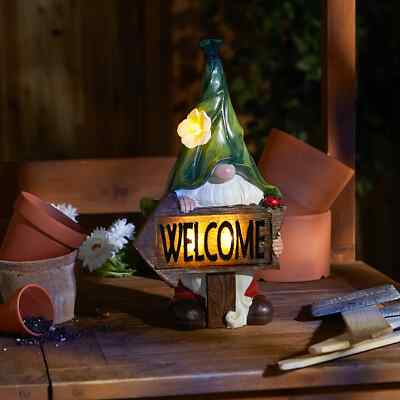 Gnome with Light Up Welcome SIGN Solar STATUE Free Shipping | eBay