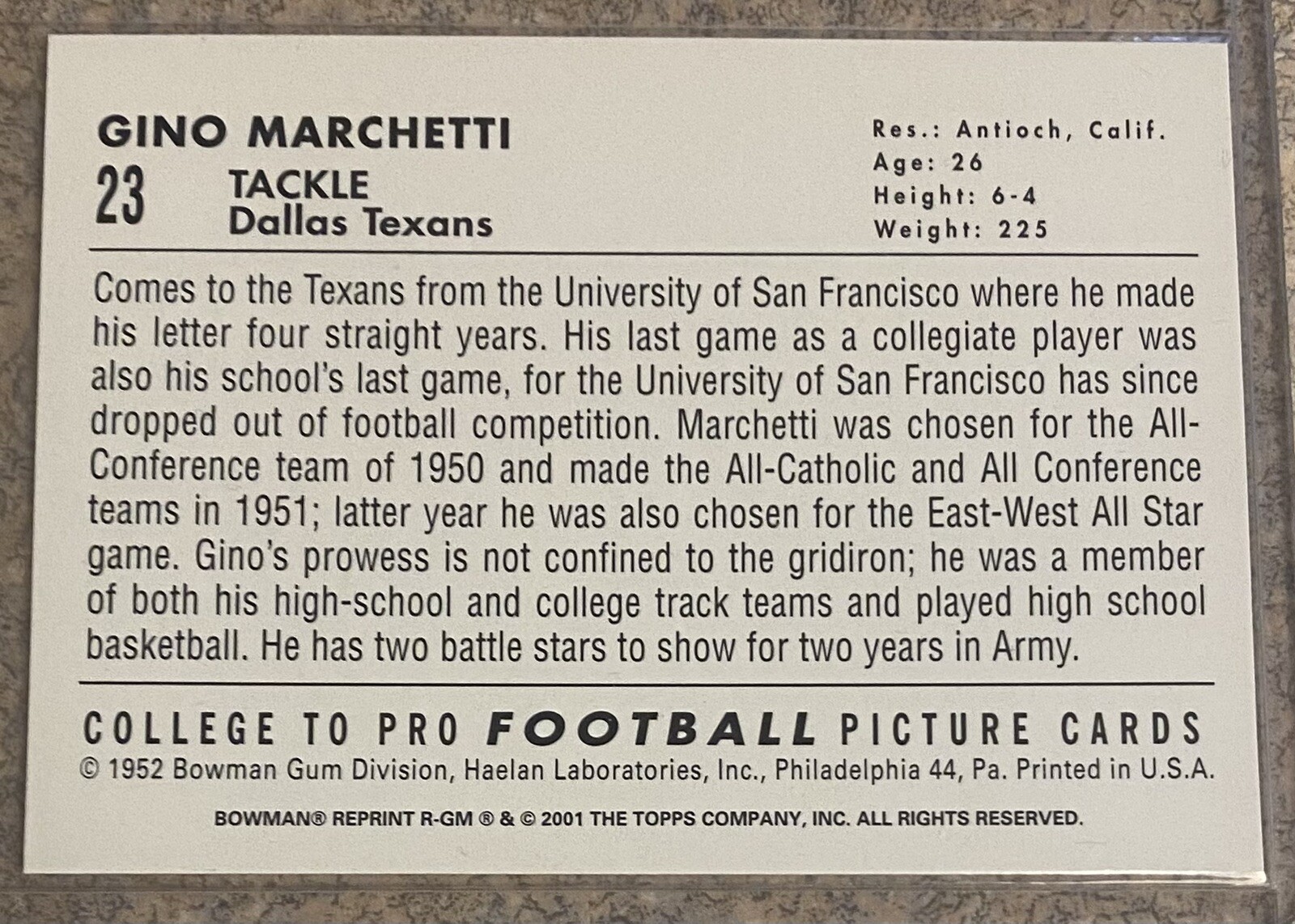 2001 Bowman “1952 Reprint” Gino Marchetti RC #23 | eBay