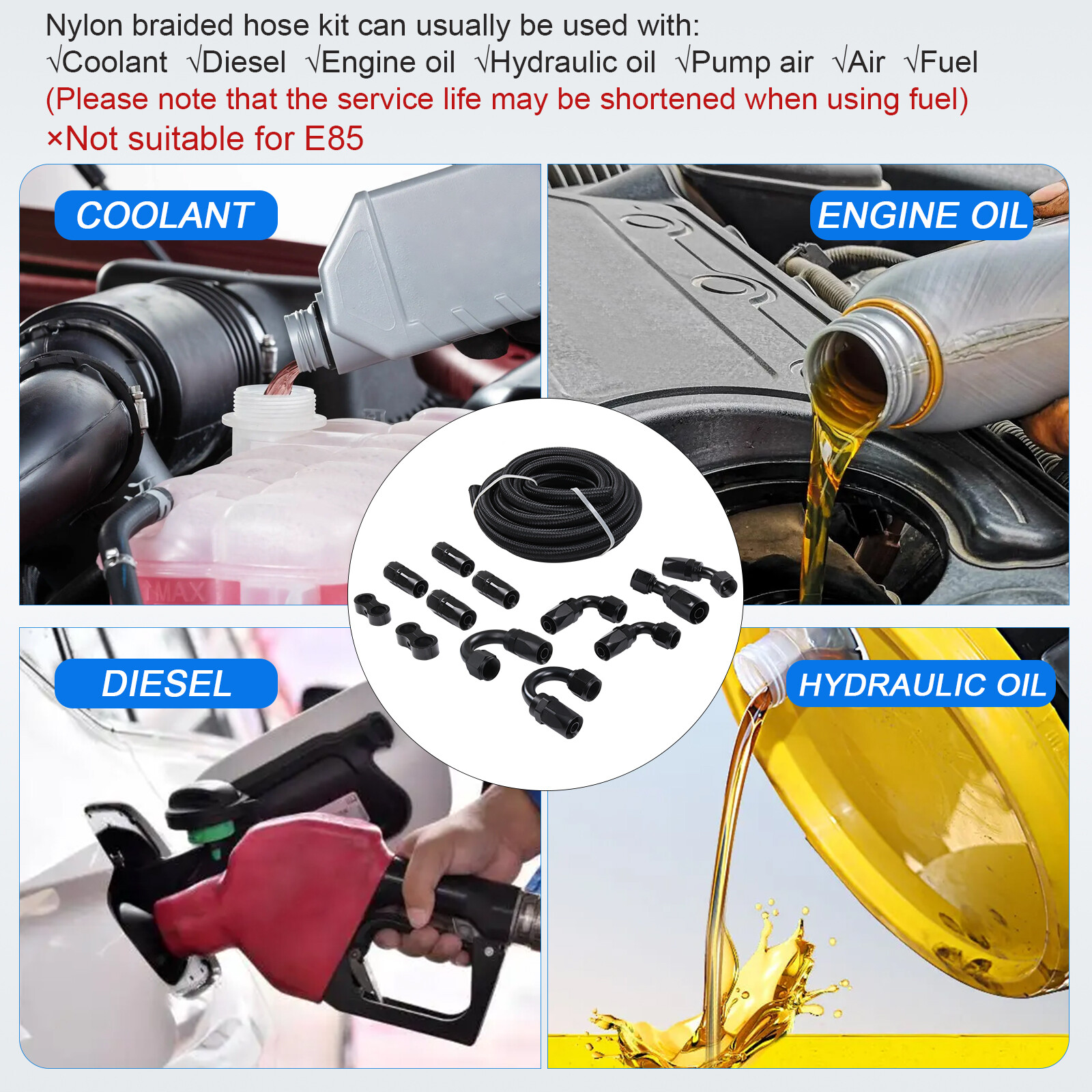 20FT 8AN Nylon Braided Fuel Line Kit w/ Oil/Gas/Fuel Hose Fittings ...