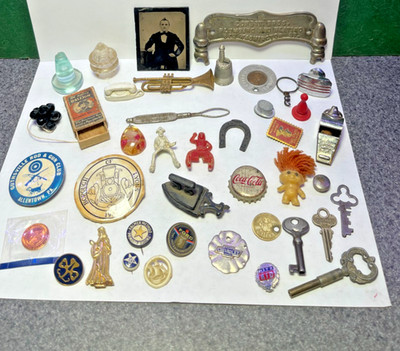 Collectable Antique smalls lot tin type,toys,keys,whistle,tokens,pins ...
