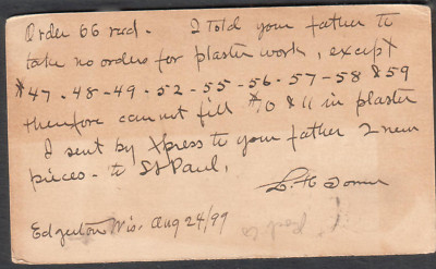 1899 postal card Edgerton WI to H C Baggerly St Paul MN/orders for ...