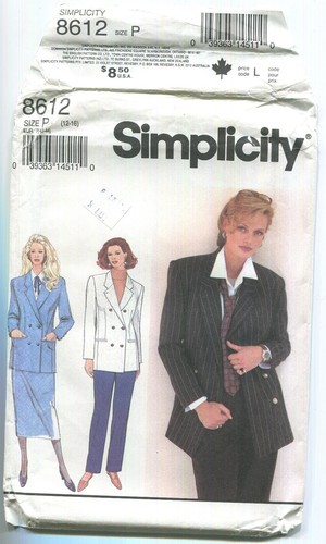 SIMPLICITY 8612 MISSES' PANTS, SKIRT & LINED JACKET SZ 12-16 UNCUT 1993 ...