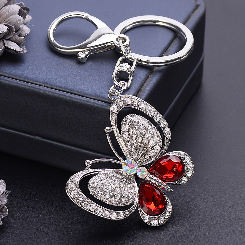 Red/Blue AAA Cubic Zirconia Butterfly Keychain Girl's Silver Key Ring ...