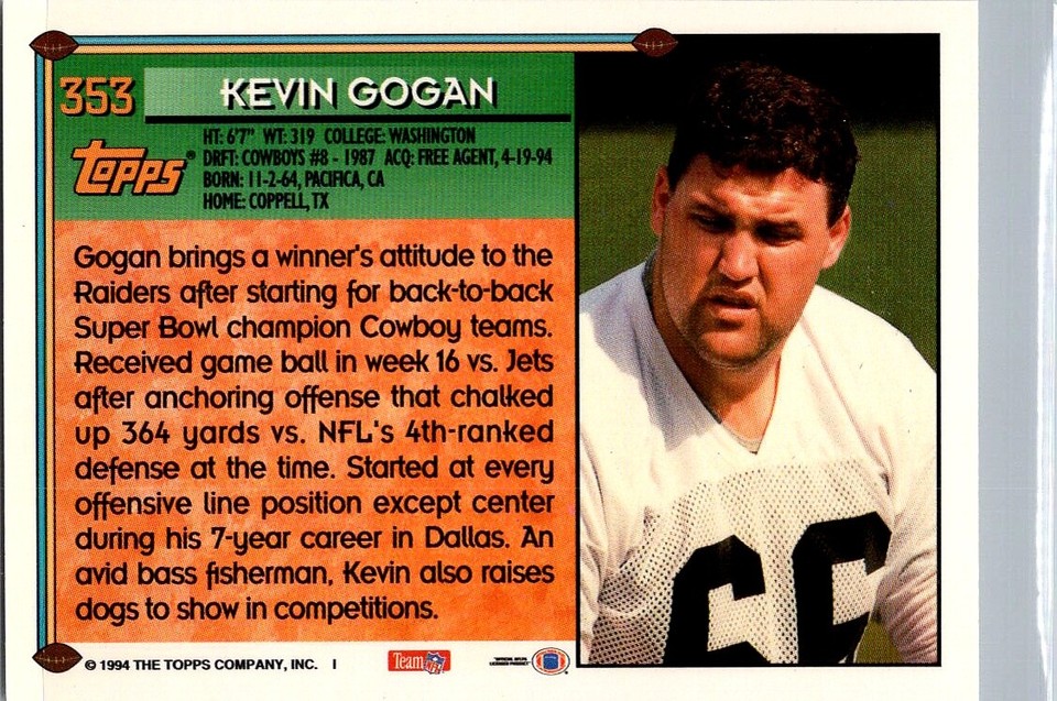 # 353 Kevin Gogan Los Angeles Raiders 1994 Topps | eBay