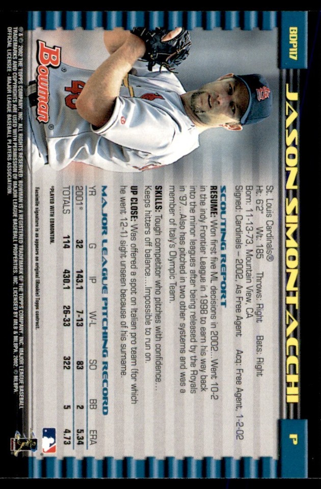 2002 BOWMAN DRAFT PICKS & PROSPECTS JASON SIMONTACCHI RC ST. LOUIS ...
