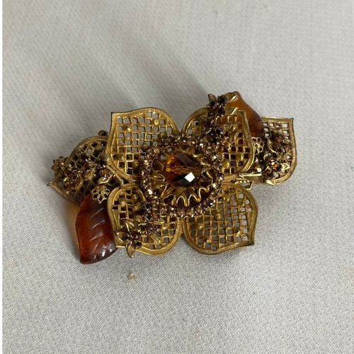 Miriam Haskell Vintage Large Floral Gold Tone Brown Brooch 3"x1.5 ...