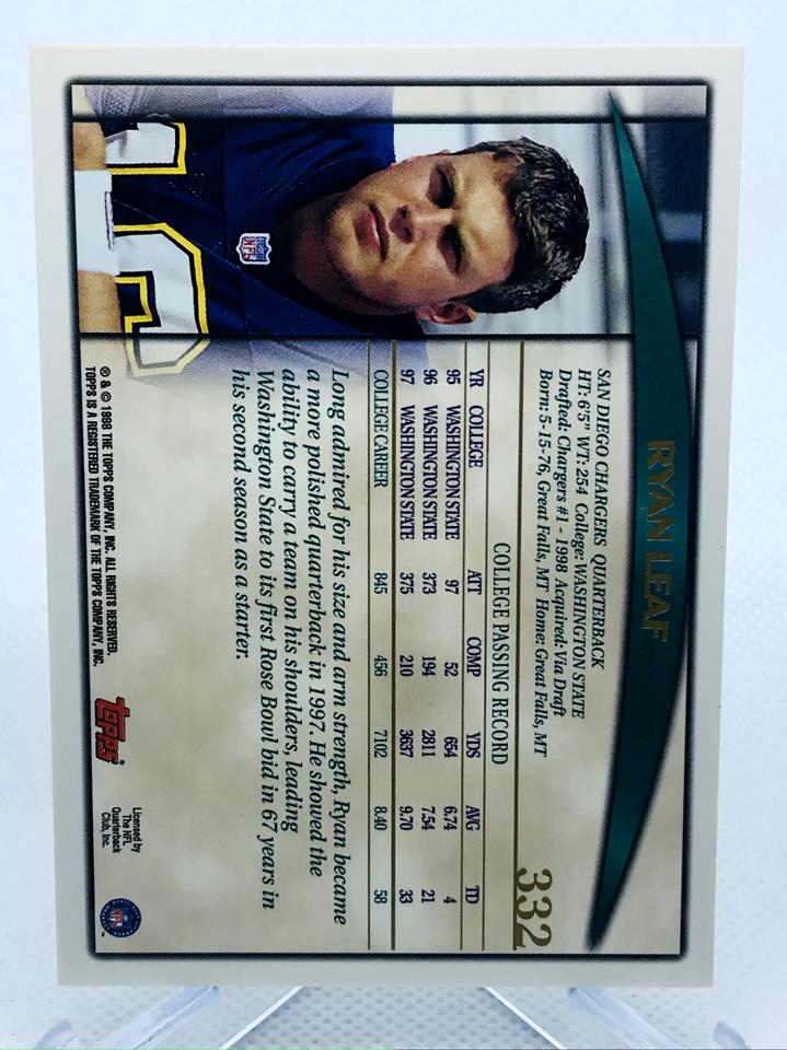1998 Topps Ryan Leaf Rookie Card #30 Draft Picks #332 San Diego ...