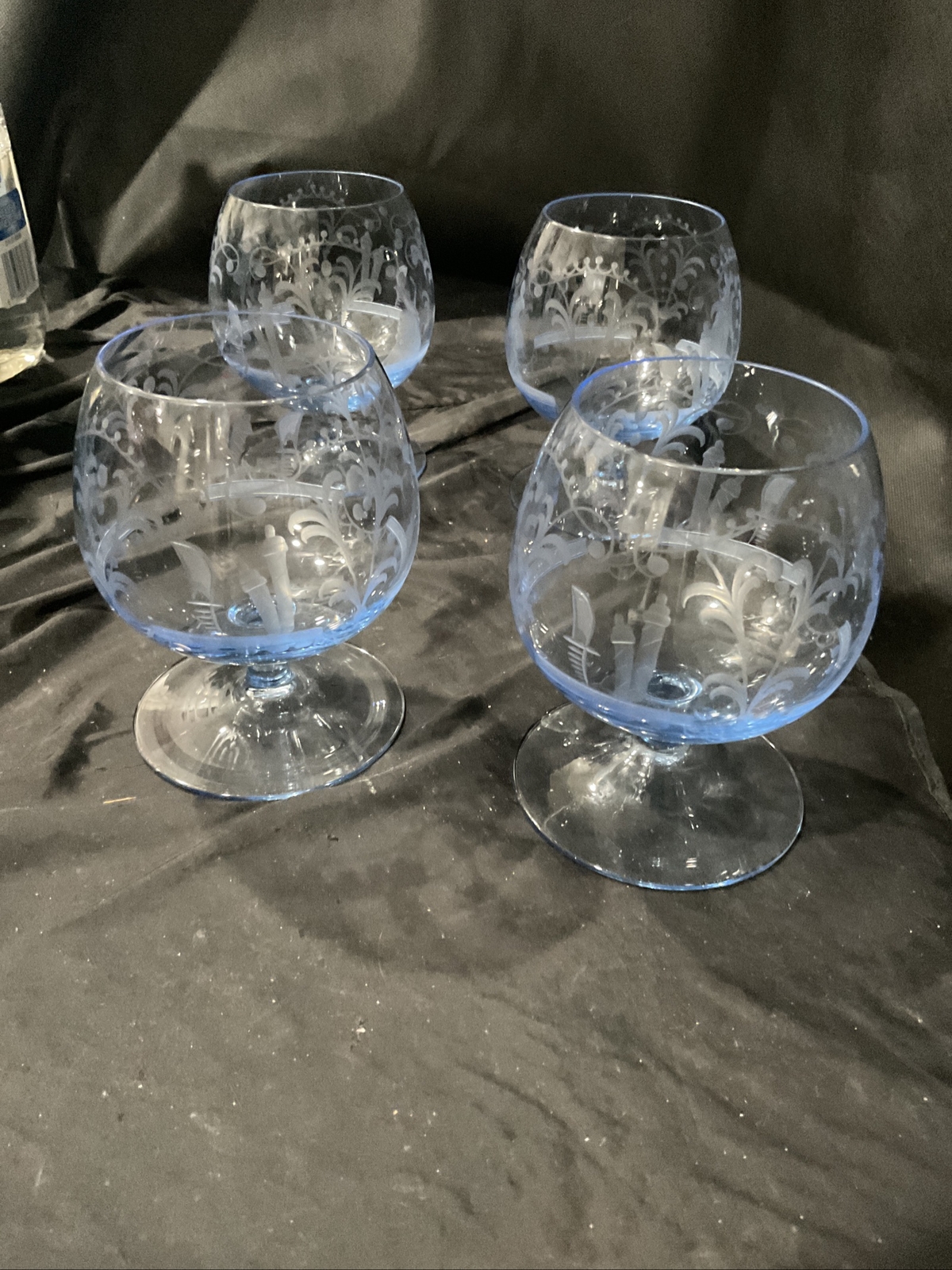 bohemian etched set of 4 low brandy snifters in moonglow blue color ...