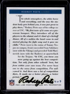 1992 Pro Line Profiles Autographs #4 Rodney Peete AUTO Football Card ...