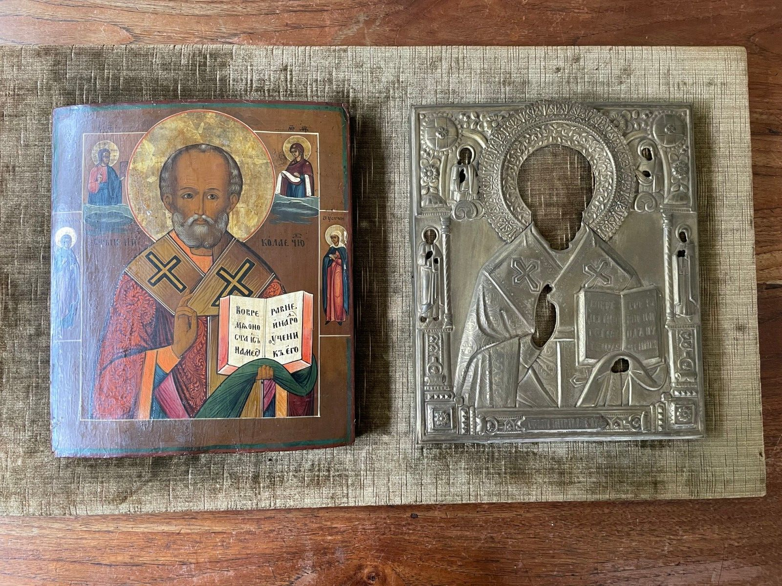 ANTIQUE 1850 HAND PAINTED RUSSIAN ICON OF ST.NICHOLAS with gilded Oklad ...