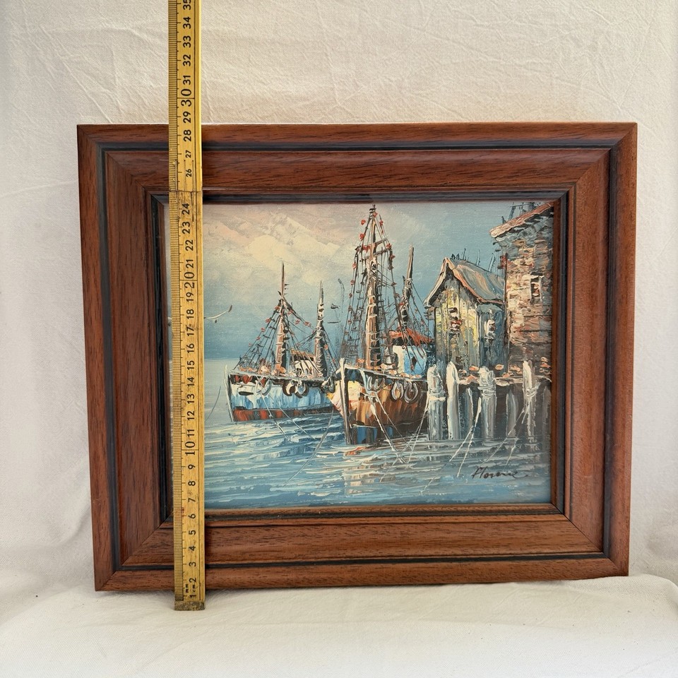 Vintage Framed Original Oil Painting Harbour Fishing Boats Seascape ...