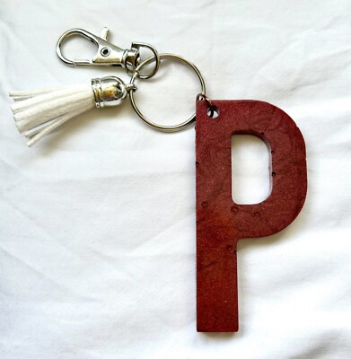 Large letter P Dark Red Metallic resin keyring with White Leather ...