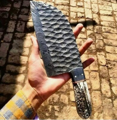 AB CUTLERY CUSTOM HANDMADE DAMASCUS CLEVER KNIFE HANDLE BY STAG ANTLER ...