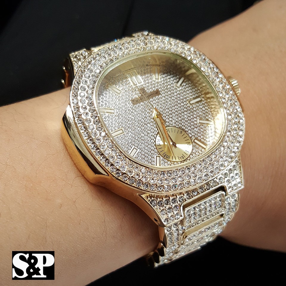 MEN'S HIP HOP QUAVO GOLD PT LUXURY WATCH & FULL ICED CUBAN BRACELET ...