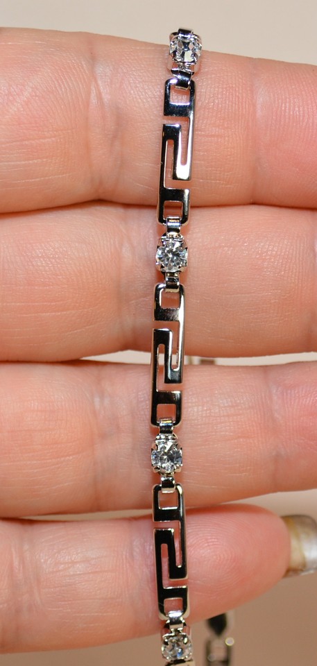 STERLING SILVER Greek Key Cubic Stones CLAD BOND ANKLET ANKLE BRACELET ...