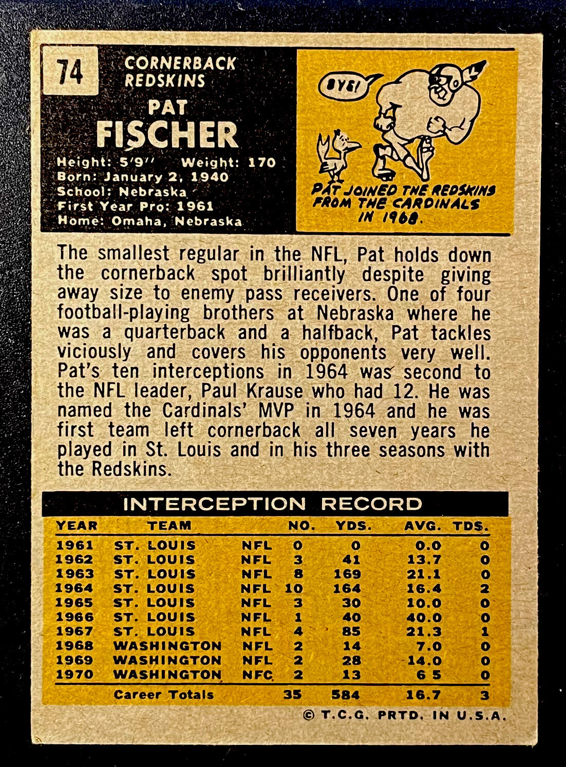 1971 Topps #74 Pat Fischer Washington Redskins Vintage Football Card | eBay